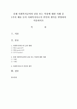 실제 사회복지급여의 남용 또는 악용에 대한 사례 중 1가지 예를 들어 사회복지사로서 본인의 생각을 반영하여 서술하시오-1페이지