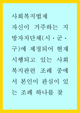 사회복지법제) 자신이 거주하는 지방자치단체(시ㆍ군ㆍ구)에 제정되어 현재 시행되고 있는 사회복지관련 조례 중에서-1페이지