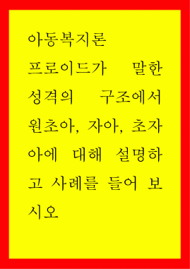 아동복지론 ) 프로이드가 말한 성격의 구조에서 원초아 자아 초자아에 대해 설명하고 사례를 들어 보시오-1페이지