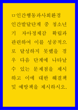 인간발달단계 중 청소년기 자아정체감 확립과 관련하여 이를 성공적으로 달성하지 못했을 경우 다음 단계에 나타날 수 있는 문제점을 제시하고 이에 대한 해결책 및 예방책을 제시하시오-1페이지