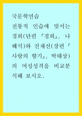 국문학연습 ) 전통적 인습에 맞서는 경희(단편 경희 나혜석)와 진채선(장편 사랑의 향기 박태상)의 여성성격을 비교분석해 보시오-1페이지