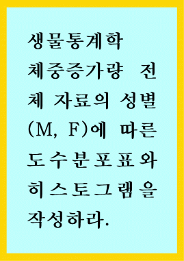 [사회과학] 생물통계학 ) 체중증가량 전체 자료의 성별(M F)에 따른 도수분포표와 히스토그램을 작성하라-1페이지