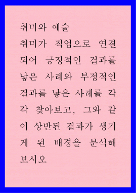 취미와예술 ) 취미가 직업으로 연결되어 긍정적인 결과를 낳은 사례와 부정적인 결과를 낳은 사례를 각각 찾아보고 그와 같이 상반된 결과가 생기게 된 배경을 분석해 보시오-1페이지