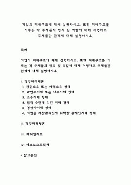 기업의 지배구조에 대해 설명하시오. 또한 지배구조를 이루는 각 주체들의 정의 및 역할에 대해 서명하고 주체들간 관계에 대해 설명하시오.-1페이지