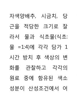 자색양배추, 시금치, 당근을 적당한 크기로 잘라서 물과 식초물(식초:물 =1:4)에 각각 담가 1시간 방치 후 색상의 변화를 관찰하고 각각의 원료 중에 함유된 색소 성분이 산성조건에서 어떻게 변화하였는지 설명하시-1페이지