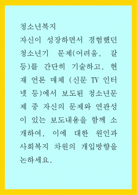 자신이 성장하면서 경험했던 청소년기 문제(어려움, 갈등)를 간단히 기술하고, 현재 언론 매체 (신문 TV 인터넷 등)에서 보도된 청소년문제 중 자신의 문제와 연관성이 있는 보도내용을 함께 소개하여, 이에 대한 원-1페이지