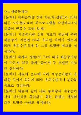 생물통계학 ) 체중증가량 전체 자료의 평균이 우량체중증가 기준인 65와 유의한 차이가 있는지 95% 유의수준에서 한 그룹 모평균 비교를 실시하라-1페이지