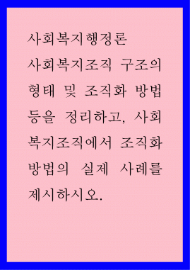 사회복지조직 구조의 형태 및 조직화 방법 등을 정리하고 사회복지조직에서 조직화 방법의 실제 사례를 제시하시오-1페이지