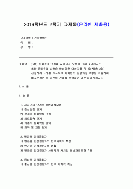 서치만의 단계별 질병과정 모형에 대해 설명하시오. 또한 중산층과 빈곤층 만성질환 대상자를 각 1명씩(총 2명) 선정하여 사례를 조사하고 서치만의 질병과정 모형을 적용하여 비교분석한 후 자신의 견해를 포함하여 결론을 제시하시오
-1페이지