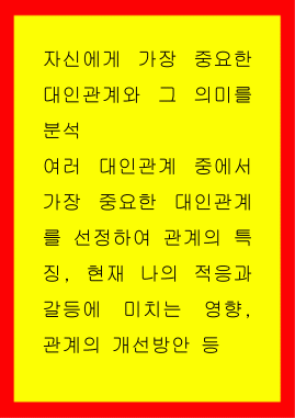 자신에게 가장 중요한 대인관계와 그 의미를 분석 여러 대인관계 중에서 가장 중요한 대인관계를 선정하여 관계의 특징 현재 나의 적응과 갈등에 미치는 영향 관계의 개선방안-1페이지