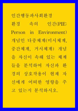 환경 속의 인간(PIE Person in Environment) 개념인 다중체계(미시체계 중간체계 거시체계) 개념을 자신이 속해 있는 체계들을 분석하여 자신과 환경의 상호작용이 현재 자신에게 어떠한 영향을 주고 있는지 분석하시오-1페이지