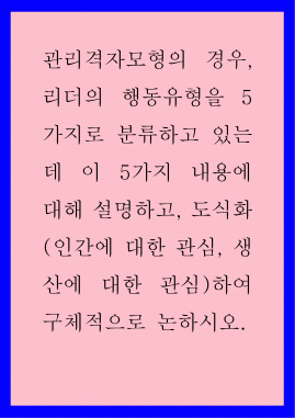 관리격자모형의 경우 리더의 행동유형을 5가지로 분류하고 있는데 이 5가지 내용에 대해 설명하고 도식화(인간에 대한 관심 생산에 대한 관심)하여 구체적으로 논하시오-1페이지