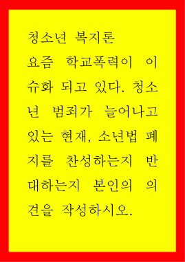 요즘 학교폭력이 이슈화 되고 있다 청소년 범죄가 늘어나고 있는 현재 소년법 폐지를 찬성 하는지 반대 하는지 본인의 의견을 작성하시오-1페이지