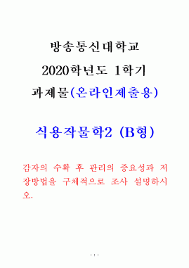 [식용작물학2(B형)] 방송통신대학교 2020학년도 1학기 중간과제물(감자의 수확 후 관리의 중요성과 저장방법을 구체적으로 조사 설명하시오)-1페이지