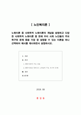 노화이론 중 사회학적 노화이론의 개념을 설명하고 다양한 사회학적 노화이론 중 현재 우리 사회 노인들의 주요 욕구와 문제 등을 가장 잘 설명할 수 있는 이론을 하나 선택하여 예시를 제시하면서 설명하시오-1페이지