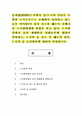 숲과삶2020B)도시에서 숲(도시의 산림을 포함한 녹지공간으로 교재에서 정의하고 있는 숲을 의미함)이 점차 감소와 훼손이 진행되어 도시생태계에 위협을 받고 있다. 도시환경에서 숲의 생태환경 위협요인에 대하여 -1페이지