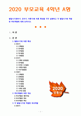 [2020 부모교육4A] 발달시기(영아기, 유아기, 아동기)에 따른 특성을 각각 설명하고 각 발달시기에 적합한 부모역할에 대해 논하시오.-1페이지