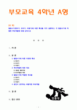 [부모교육4A 2020] 발달시기(영아기, 유아기, 아동기)에 따른 특성을 각각 설명하고, 각 발달시기에 적합한 부모역할에 대해 논하시오-1페이지