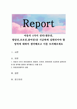 아동의 4가지 권리(생존권, 발달권,보호권,참여권)중 시급하게 실현되어야 할 영역에 대하여 생각해보고 이를 토의해보세요-1페이지