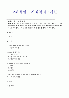 자신의 관심분야(아동, 노인, 여성, 장애, 노동, 고용, 의료, 주거, 교육,    인등)에서의 현안 이슈를 선정한 후, 관련된 공신력 있는 사회지표를 인용하여 해당    이슈를 비평하시오, 또한 이를 해결하기 위한 자-1페이지