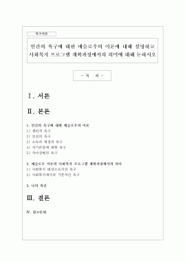 인간의 욕구에 대한 매슬로우의 이론에 대해 설명하고 사회복지 프로그램 계획과정에서의 의미에 대해 논하시오-1페이지