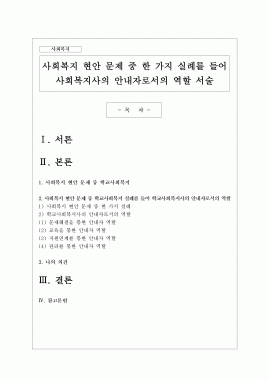 사회복지 현안 문제 중 한 가지 실례를 들어 사회복지사의 안내자로서의 역할 서술-1페이지