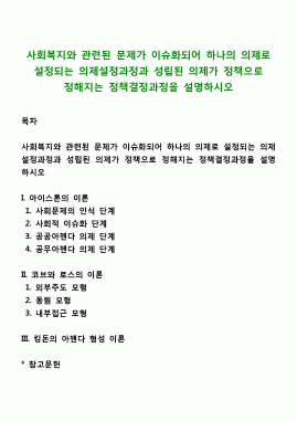 사회복지와 관련된 문제가 이슈화되어 하나의 의제로 설정되는 의제설정과정과 성립된 의제가 정책으로 정해지는 정책결정과정을 설명하시오-1페이지