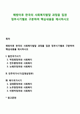 해방이후 한국의 사회복지발달 과정을 집권 정부시기별로 구분하여 핵심내용을 제시하시오-1페이지