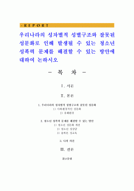 우리나라의 성차별적 성별구조와 잘못된 성문화로 인해 발생될 수 있는 청소년 성폭력 문제를 해결할 수 있는 방안에 대하여 논하시오-1페이지