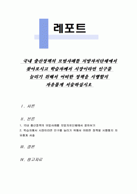 국내 출산정책의 모범사례를 지방자치단체에서 찾아보시고 학습자께서 시장이라면 인구를 늘리기 위해서 어떠한 정책을 시행할지 자유롭게 서술하십시오-1페이지