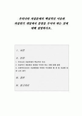 우리나라 자살문제의 핵심적인 이슈와 자살위기 개입에서 중점을 두어야 하는 것에 대해 설명하시오-1페이지