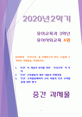 [2020 유아사회교육3A][출처표기] 1.‘인권’ 의 개념과 유아를 위한 ‘인권교육’의 목적 2.‘인권’ 교육활동의 세부 내용과 진행과정 3.‘인권’ 교육활동에서의 교사 역할과 인권 교육활동에 대한 평가-1페이지