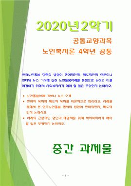 [2020 노인복지론4공통][출처표기] 한국노인돌봄 정책의 방향이 잔여적인지, 제도적인지 신문이나 인터넷 뉴스 기사에 실린 노인돌봄사례를 중심으로 논하고 이를 해결하기 위해서 사회복지사가 해야 할 일은 무엇인지 논하시오.-1페이지