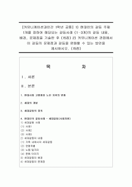 [커뮤니케이션과인간 1학년 공통] 1) 현대인의 갈등 주제 1개를 정하여 해당되는 갈등사례 (1∼3개)의 갈등 내용, 배경, 문제점을 기술한 후 (15점) 2) 커뮤니케이션 관점에서 이 갈등의 문제점과 갈등을 완화할 수 있는 방안을 제시하시오. (15점)-1페이지