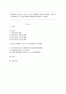 한국가족의 이념적, 구조적, 기능적 변화에서 자신이 생각하는 가장 큰 가족변화와 그로 인한 문제점과 해결방안에 대하여 논의하라.-1페이지