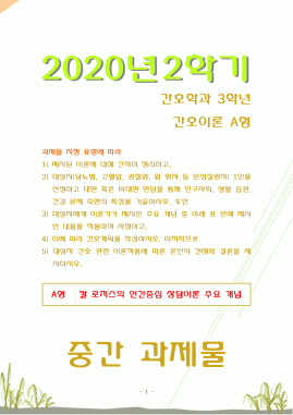 [2020 간호이론3A] 각 과제물 지정 유형에 따라 1) 제시된 이론에 대해 간략히 정리하고, 2) 대상자(당뇨병, 고혈압, 관절염, 암 환자 등 만성질환자) 1인을 선정하고 대면 혹은 비대면 면담을 통해 인구사회, 생활 습관, 건강 문제 측면의 특성을 기술하시오. 또한 3) 대상자에게 이론가가 제시한 주요 개념 중 아래 표 안에 제시한 내용을 적용하여-1페이지