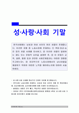 성사랑사회 기말 2020] 한국사회에는 남성과 여성 사이의 여러 차별이 존재합니다. 이러한 차별 중 노동시장에 존재하는 1) 취업 임금 승진 등의 차별 사례 묘사 2) 차별이 발생하는 제도 또는 문화적 요인 3) 이 문제가 교육, 결혼, 돌봄 등과 관련한 사회문제들과는 어떠한 영향을 주고받는지 4) 노동시장에서의 남녀차별을 해결하기 위하여 어떠한 노력-1페이지