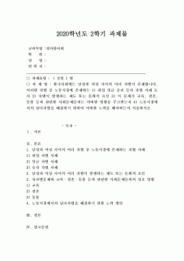 (2020년 2학기, 성사랑사회 기말) 한국사회에는 남성과 여성 사이의 여러 차별이 존재합니다. 이러한 차별 중 노동시장에 존재하는 1) 취업 임금 승진 등의 차별 사례 묘사 2) 차별이 발생하는 제도 또는 문화적 요인 3) 이 문제가 교육, 결혼, 돌봄 등과 관련한 사회문제들과는 어떠한 영향을 주고받는지 4) 노동시장에서의 남녀차별을 해결하기 위하여 어떠-1페이지