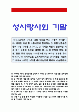 성사랑사회] 한국사회에는 남성과 여성 사이의 여러 차별이 존재합니다. 이러한 차별 중 노동시장에 존재하는 1) 취업 임금 승진 등의 차별 사례 묘사 2) 차별이 발생하는 제도 또는 문화적 요인 3) 이 문제가 교육, 결혼, 돌봄 등과 관련한 사회문제들과는 어떠한 영향을 주고받는지 4) 노동시장 남녀차별 해결 노력-2020년 방송대 성사랑사회 기말시험-1페이지