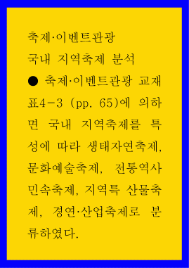 축제·이벤트관광 ) 국내 지역축제 분석 - 국내 지역축제를 특성에 따라 생태자연축제, 문화예술축제, 전통역사민속축제, 지역특 산물축제, 경연·산업축제로 분류하였다-1페이지