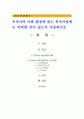 우리나라 사회 환경에 맞는 복지사업에는 어떠한 것이 있는지 서술하시오-1페이지