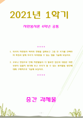 [2021 자원봉사론] 1.외국의 자원봉사 역사와 현황을 살펴보고 그중 한 국가를 선택하여 특징과 함께 우리가 시사받을 수 있는 점을 기술해 보십시오. 2.코로나 현상으로 인해 자원활동이 더 필요한 집단과 대상은 어떤 부분이 있을지 생각해 보고 우리가 할 수 있는 봉사활동 방안에 대해 구체적으로 기술해 보십시오.-1페이지