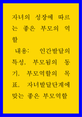 부모교육 ) 자녀의 성장에 따르는 좋은 부모의 역할 - 인간발달의 특성, 부모됨의 동기, 부모역할의 목표, 자녀발달단계에 맞는 좋은 부모역할-1페이지