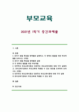 [부모교육 2021] 1. 유아기 발달 특성을 영역별로 설명하고, 각 영역의 발달을 위한 부모역할을 논하시오. 2. 민주주의 부모교육이론과 인본주의 부모교육이론에 대해 각각 설명하고, 유아교육기관에서 부모교육에 적용할 수 있는 방안을 모색하여 논하시오.-1페이지