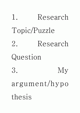 1. Research Topic/Puzzle 2. Research Question 3. My argument/hypothesis-1페이지