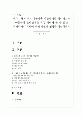 캘로그와 리드의 아동미술 발달단계를 정리해보고 아동들의 발달단계를 적극 격려해 줄 수 있는 교사로서의 역할에 대해 자신의 생각을 작성하세요-1페이지