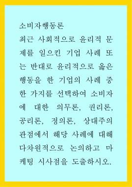 소비자행동론 ) 최근 사회적으로 윤리적 문제를 일으킨 기업 사례 또는 반대로 윤리적으로 옳은 행동을 한 기업의 사례 중 한 가지를 선택하여 소비자에 대한 의무론, 권리론, 공리론, 정의론, 상대주의 관점에서 해당 사례에 대해 다차원적으로 논의하고 마케팅 시사점을 도출하시오-1페이지