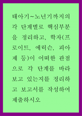 인간행동과사회환경 ) 태아기~노년기까지의 각 단계별로 핵심부분을 정리하고, 학자(프로이트, 에릭슨, 피아제 등)이 어떠한 관점으로 각 단계를 바라보고 있는지를 정리하고 보고서를 작성하여 제출하시오-1페이지