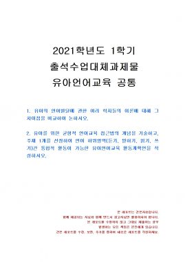 2021년 1학기 유아언어교육 출석수업대체시험 과제물(유아의 언어발달 이론 차이점 비교)-1페이지