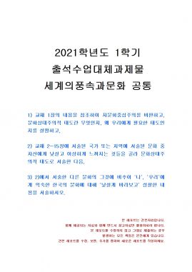 2021년 1학기 세계의풍속과문화 출석수업대체시험 과제물(자문화중심주의 비판 등)-1페이지